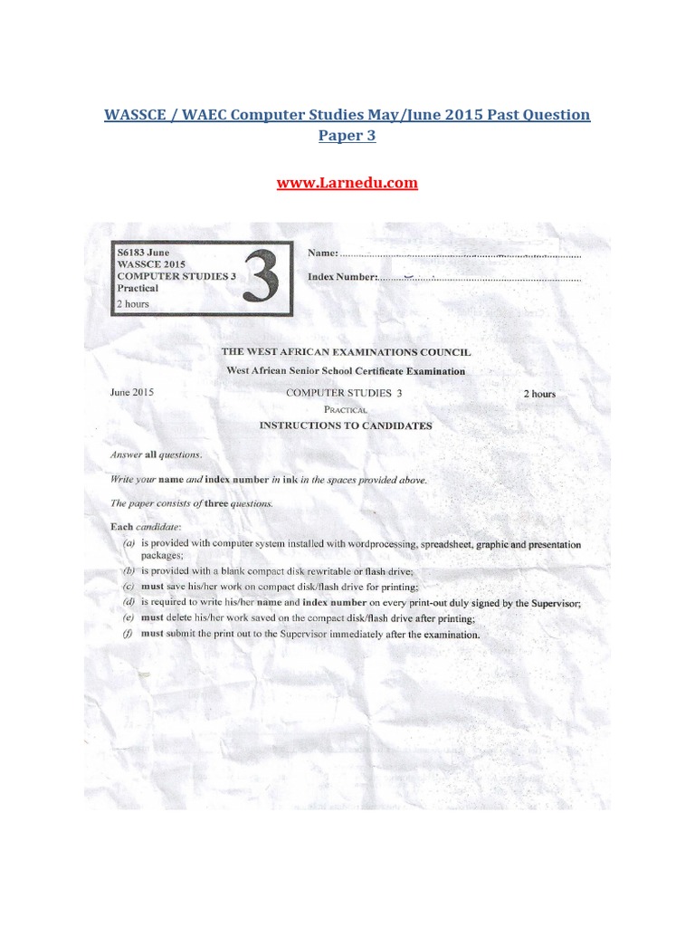 WASSCE WAEC Computer Studies May June 2015 Past Question Paper 3 | PDF
