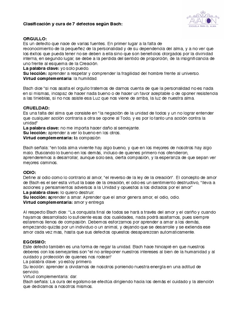 Clasificación de los 7 defectos según Bach | PDF | Amor | Egoismo ...
