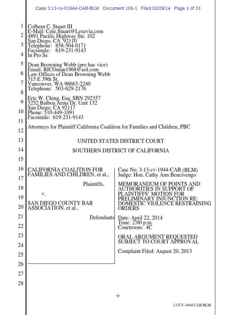109 1 Memo in Support of Motion For Preliminary Injunction Re Domestic ...