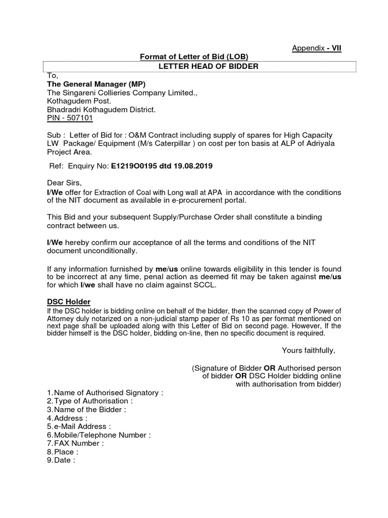 Format of Letter of Bid (LOB) Letter Head of Bidder The General Manager ...