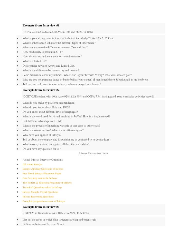 Infosys Interview Questions | Download Free PDF | Constructor (Object Oriented Programming ...