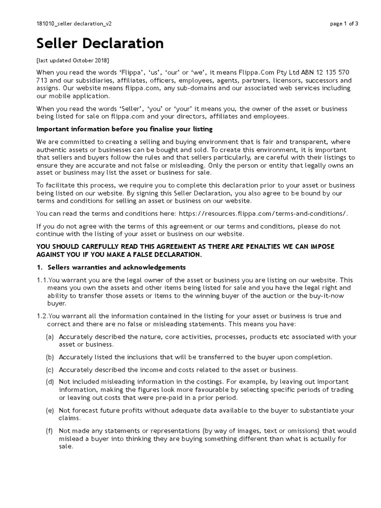 Seller Declaration | PDF | Contractual Term | Financial Transaction