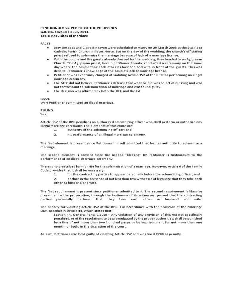 Topic: Requisites of Marriage: Rene Ronulo vs. People of The ...