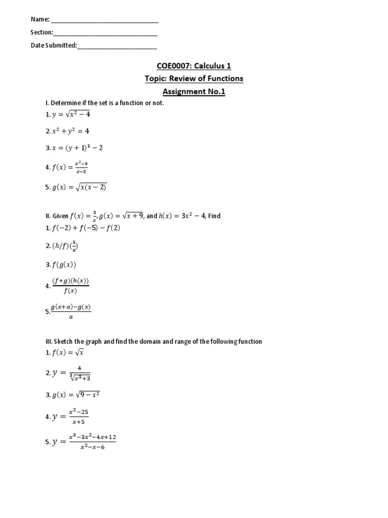 COE0007: Calculus 1 Topic: Review of Functions Assignment No.1 | PDF