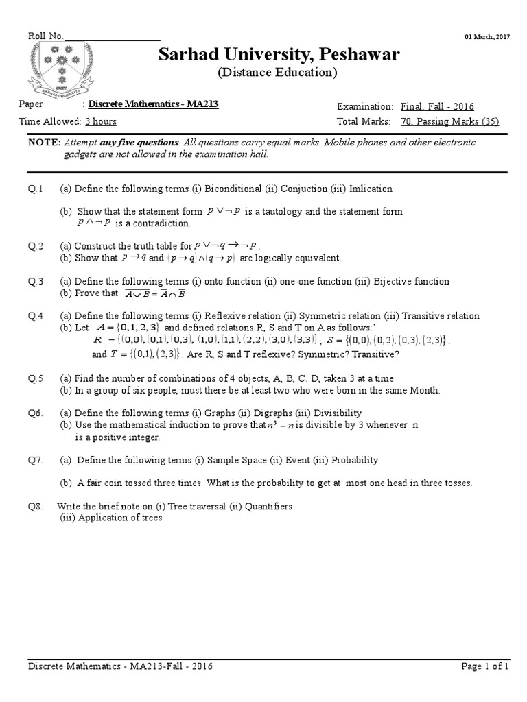 Discrete Mathematics Exam Paper MA213 | PDF | Function (Mathematics ...