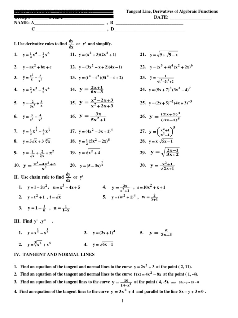 Derivatives of Algebraic Functions Worksheet | PDF | Tangent | Slope