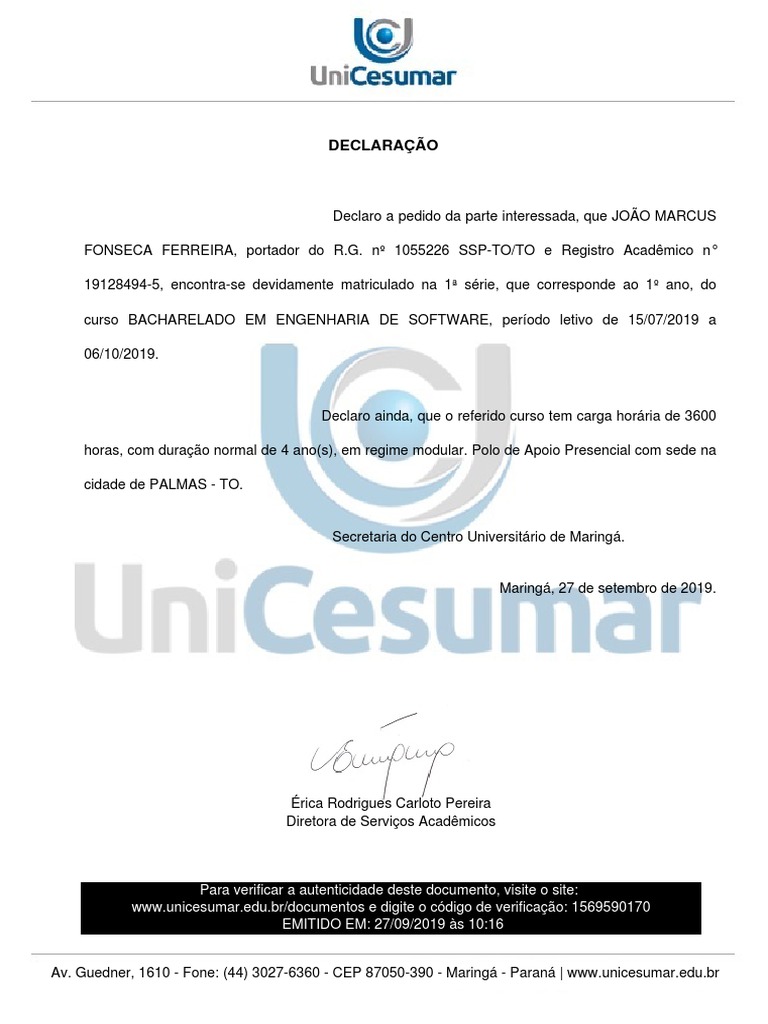 Exemplo de Declaração de Matrícula | PDF