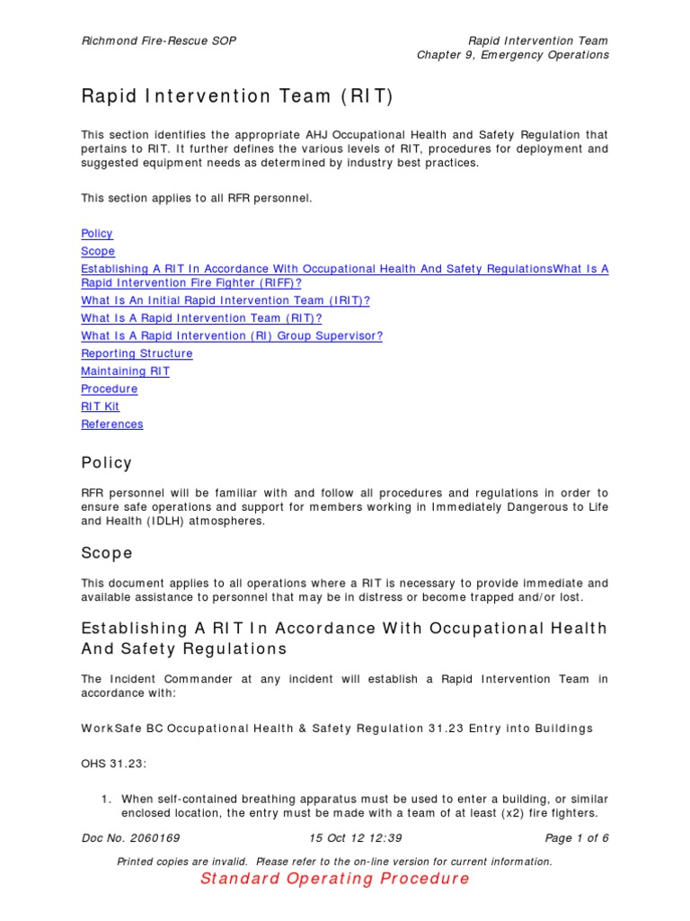 Rapid Intervention Team (RIT) : Policy | PDF | Firefighter | Emergency ...