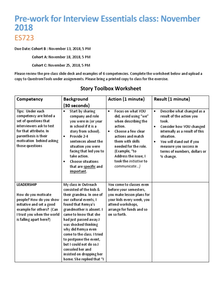 Interview Story Toolbox Worksheet | PDF | Leadership | Behavior ...