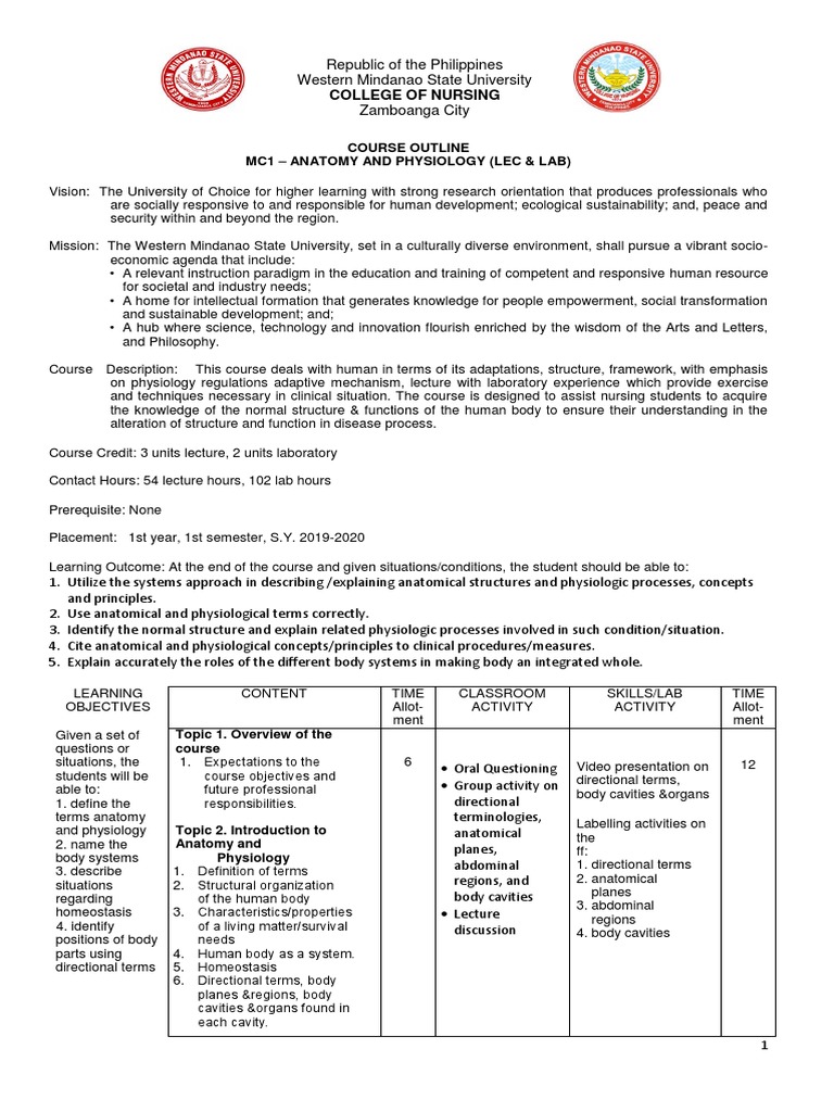 College of Nursing: Course Outline MC1 - Anatomy and Physiology (Lec & Lab) | PDF | Circulatory ...