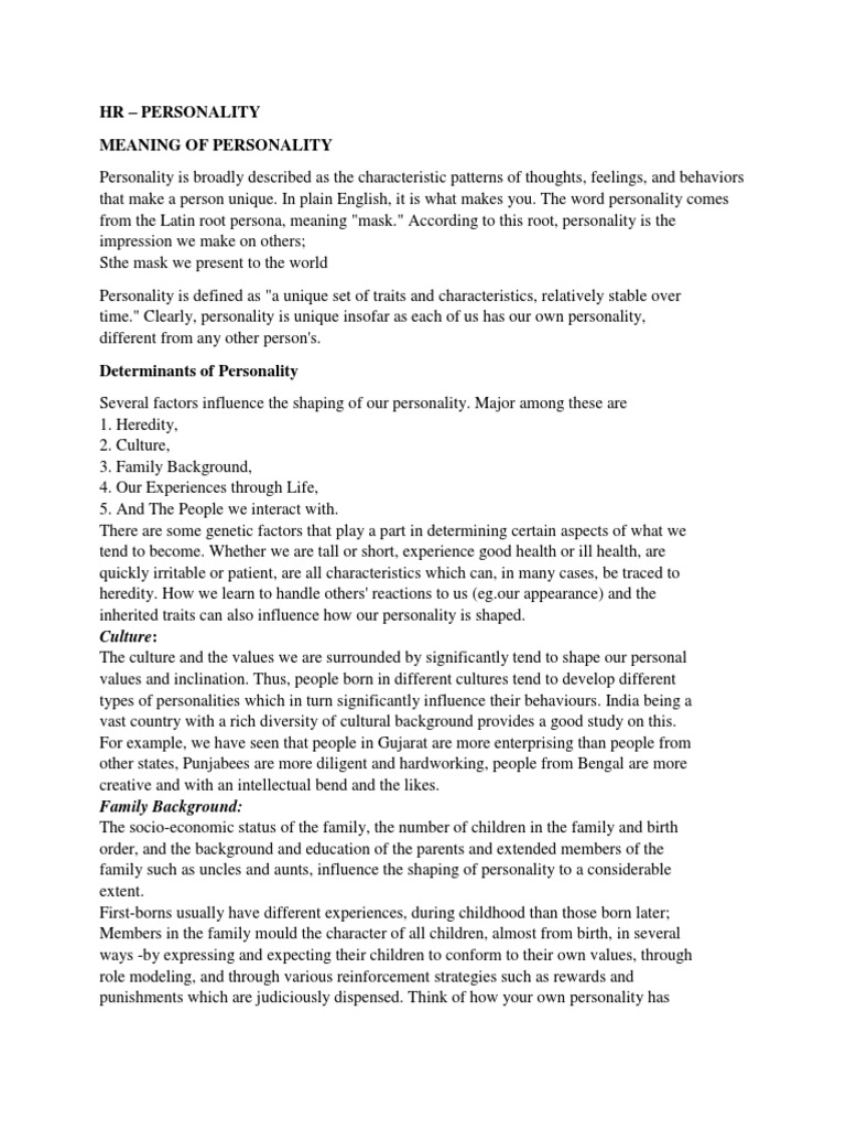 HR - Personality Meaning of Personality: Culture | PDF | Personality ...