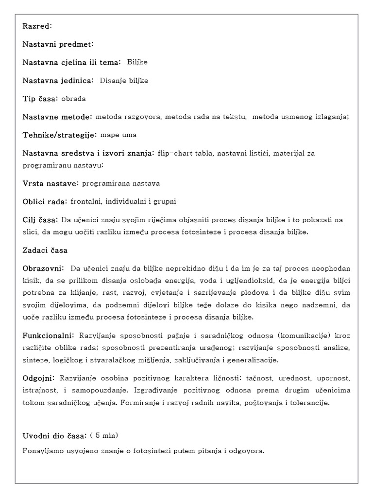 Disanje Biljke Programirana Nastava | PDF