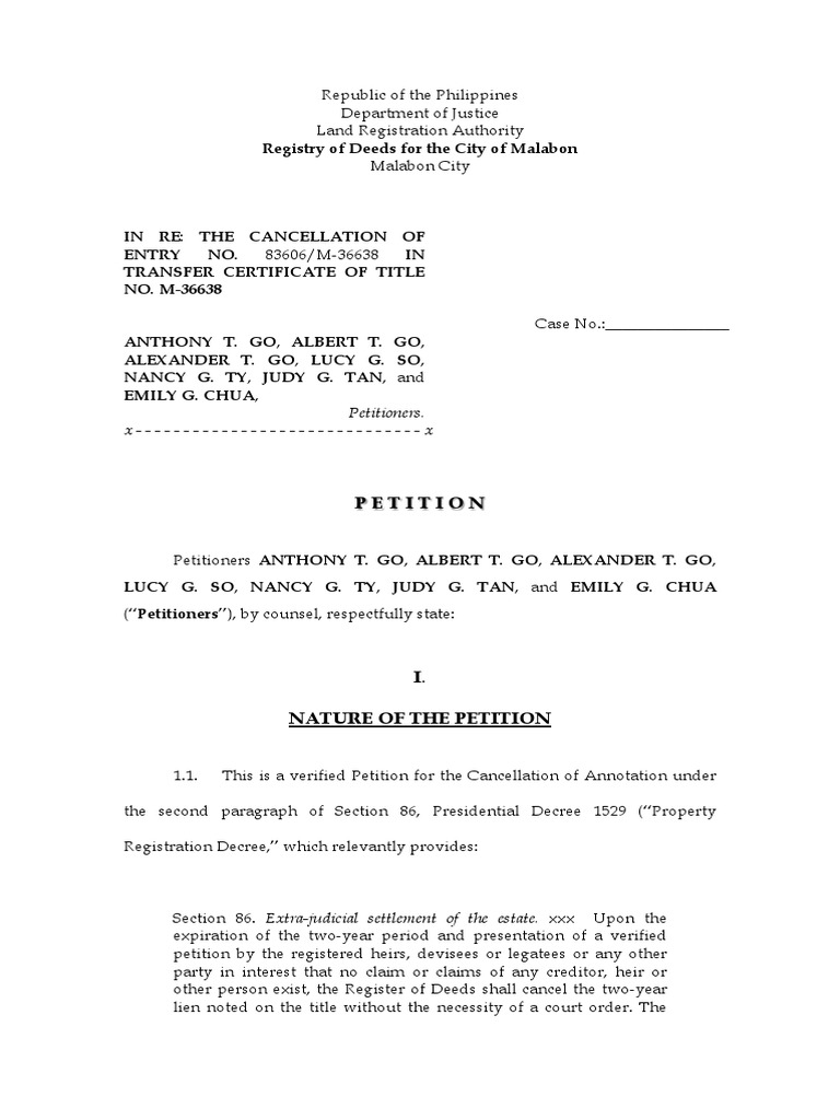 Petition For Cancellation of Annotation | PDF | Affidavit | Government