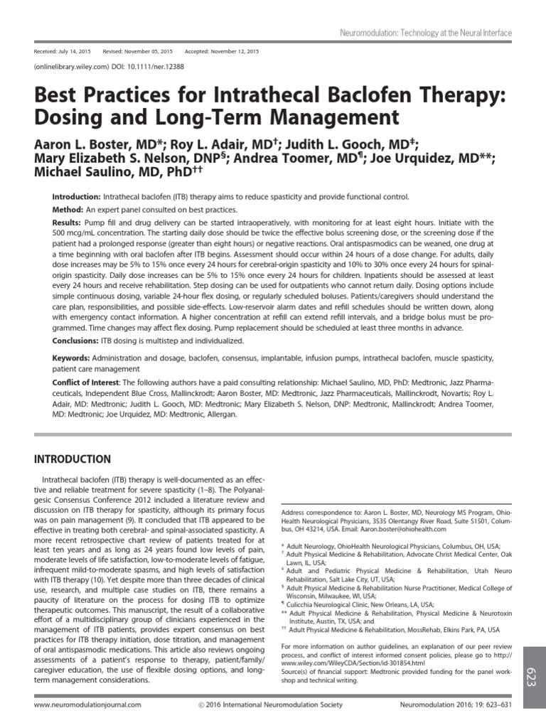 Best Practices For Intrathecal Baclofen Therapy - Dosing and Long-Term ...