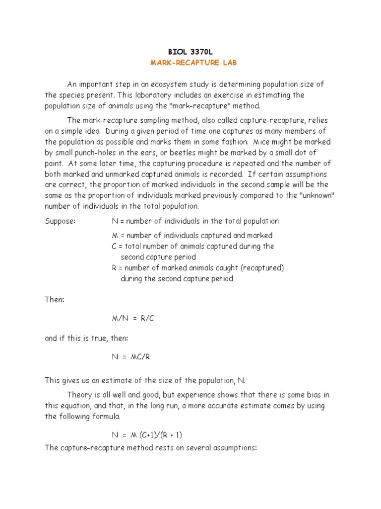 Mark-Recapture Lab: BIOL 3370L | Download Free PDF | Statistics ...