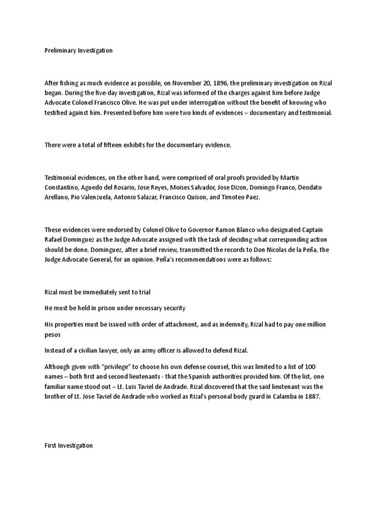 Rizal's Preliminary Investigation Overview | PDF | Philippines