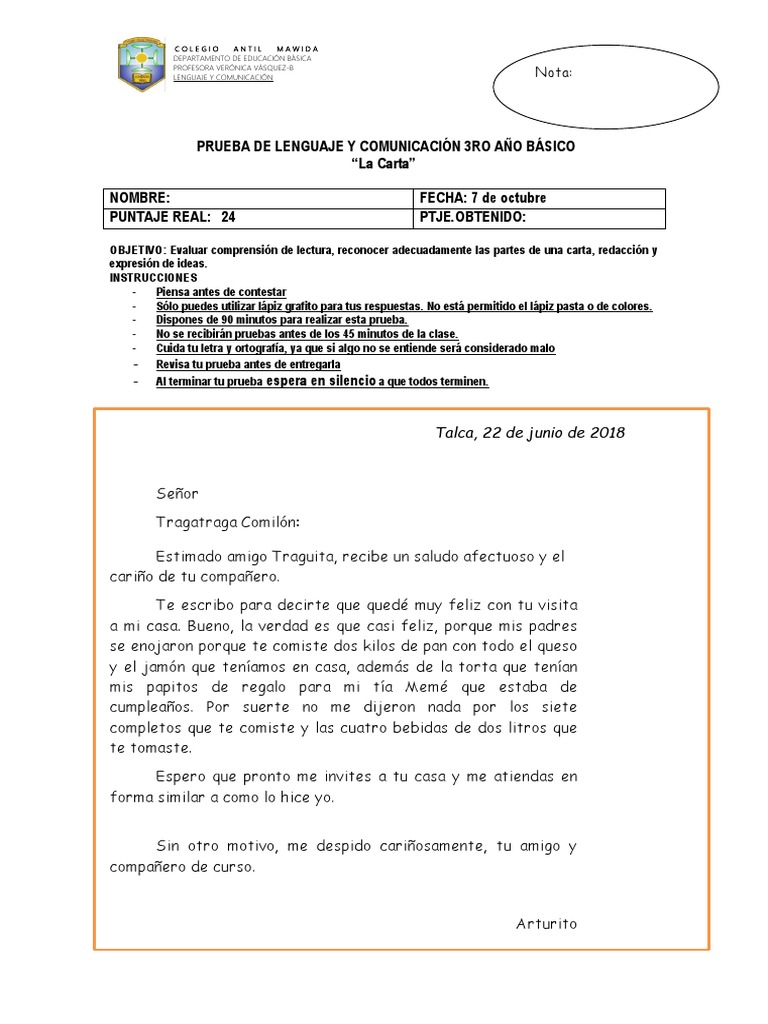 Prueba La Carta 3ros Básicos | PDF