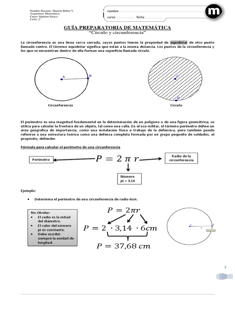 Guia 7° Preparatoria Circunferencia y Círculo | PDF | Pi | Circulo