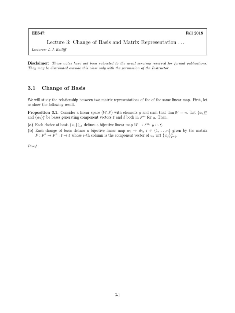 Lecture 3: Change of Basis and Matrix Representation - . .: I N 1 I N 1 ...