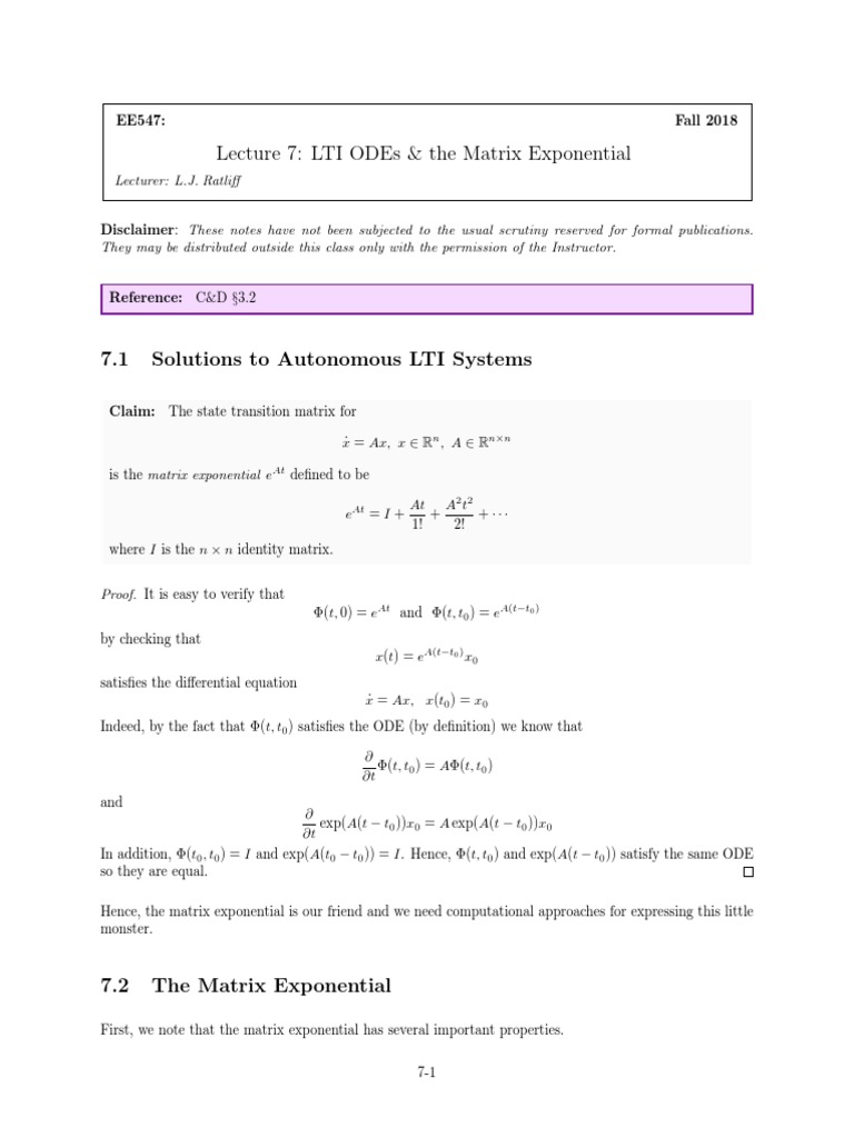 Lecture 7: Lti Odes & The Matrix Exponential | PDF | Exponential Function | Ordinary ...