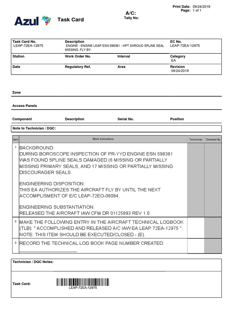 Task Card: Engine - Engine Leap Esn 598381 - HPT Shroud Spline Seal ...