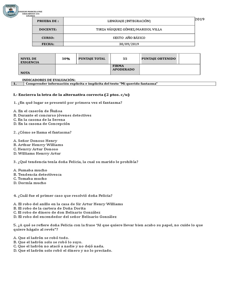 Prueba Mi Querido Fantasma Integración Pdf