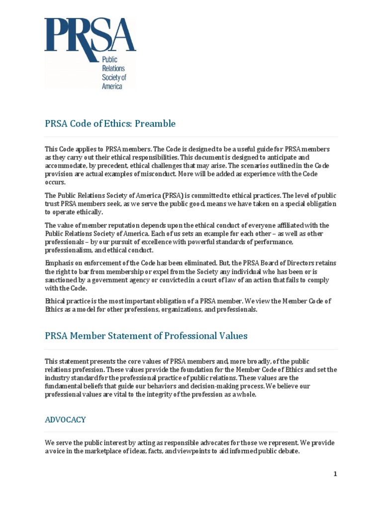 Code Of Ethics Prsa Pdf Public Relations Profession 