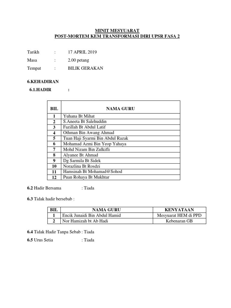 MINIT MESYUARAT Post Mortem Kem Transformasi Diri | PDF