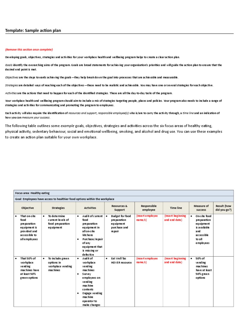 Workplace Health Action Plan Template | PDF | Goal | Sedentary Lifestyle