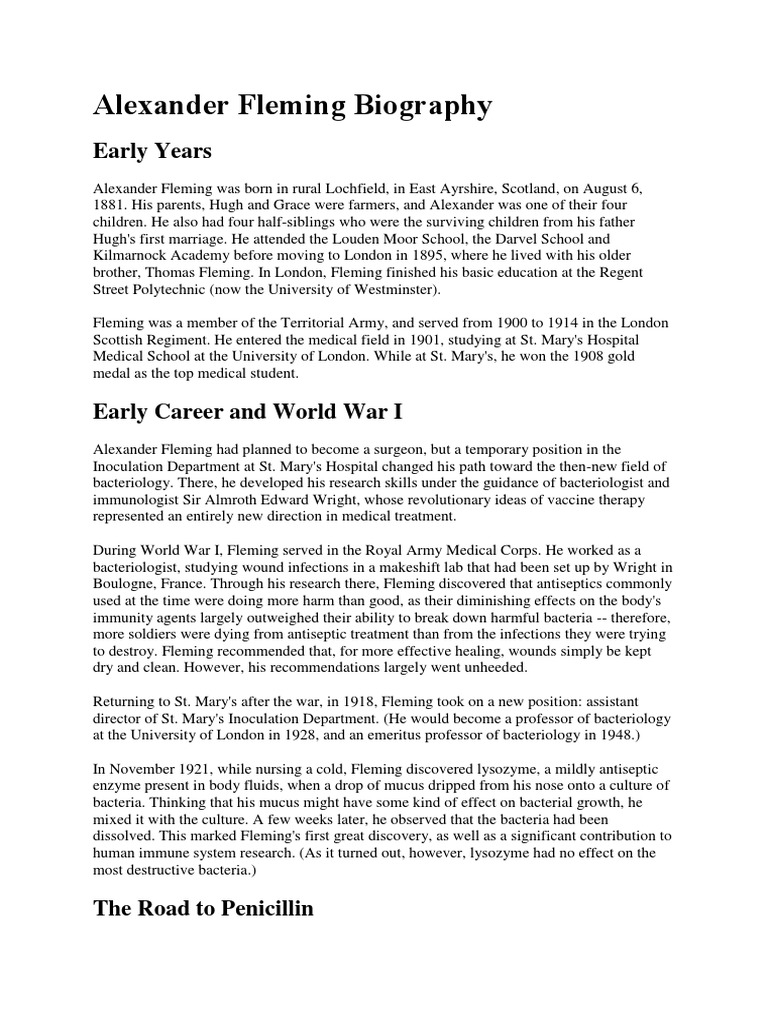Alexander Fleming Biography: Early Years | PDF | Penicillin | Medical ...