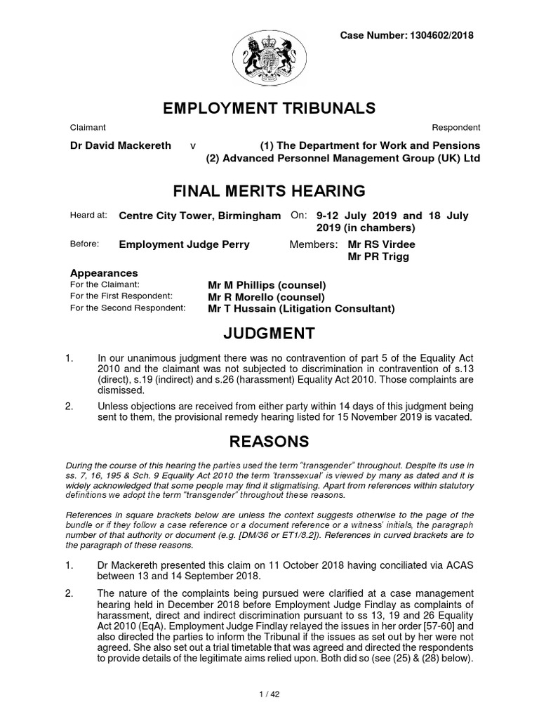 Employment Tribunals: Claimant Respondent | PDF | Transgender ...