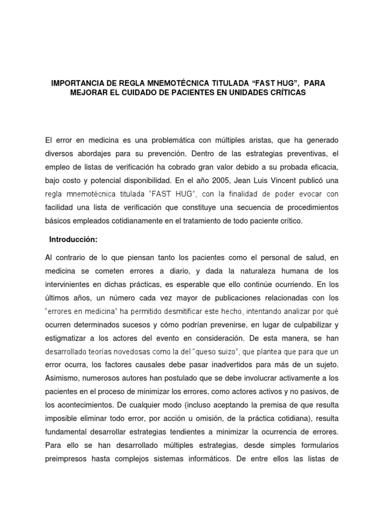 Mnemotecnia FAST HUG en cuidados críticos | PDF | Medicina | Ciencias ...
