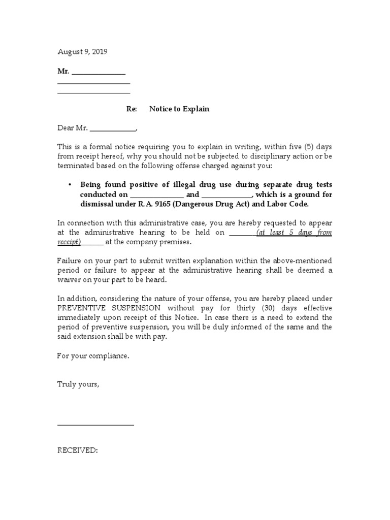 Notice To Explain - Drug Use | PDF