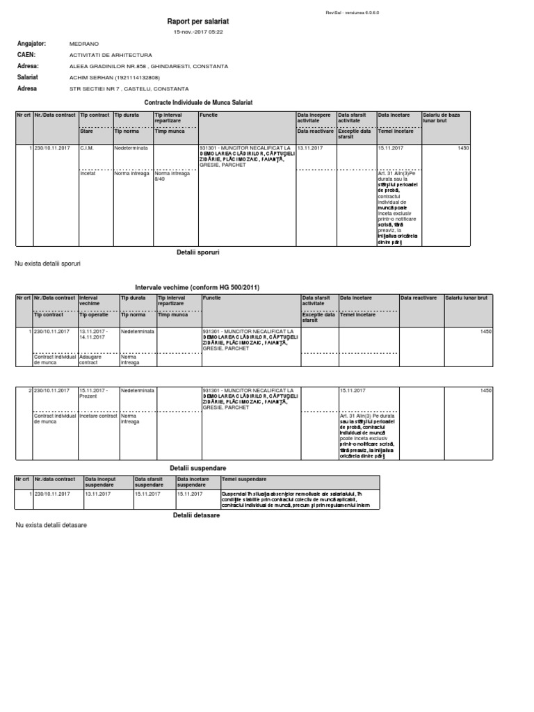 Raport Per Salariat: Angajator: Caen: Adresa: Salariat Adresa Contracte ...