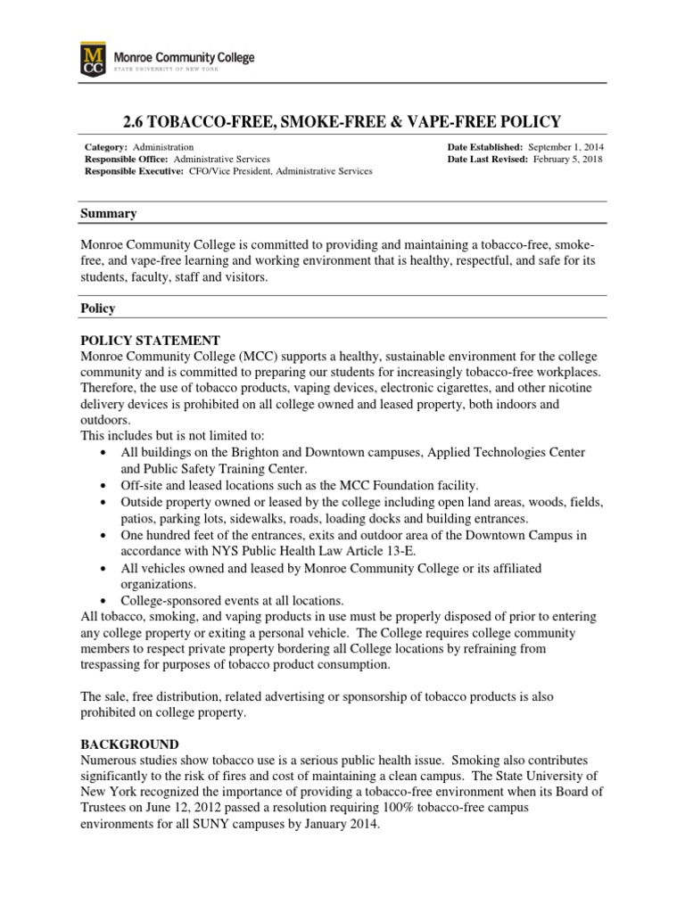 MCC Tobacco Free Policy | PDF | Electronic Cigarette | Cigarette