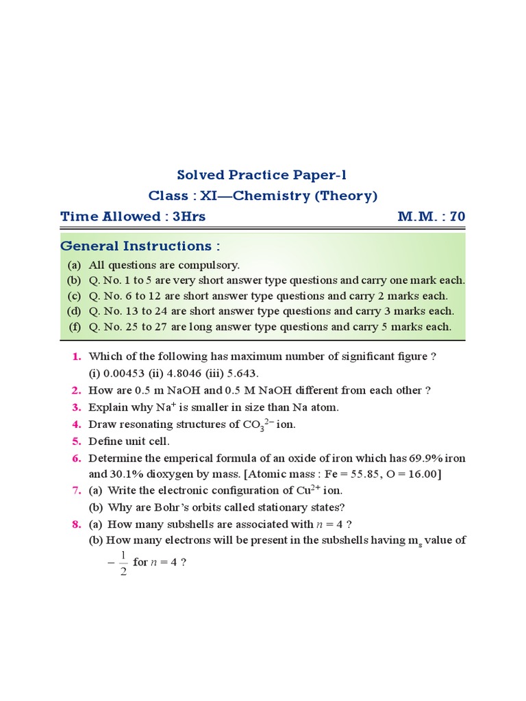 11 Chemistry Sample Papers | PDF | Ion | Gases