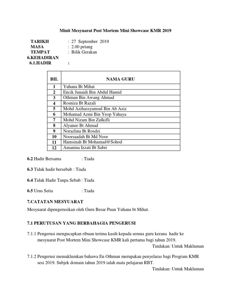Minit Mesyuarat Post Mortem Mini Showcase KMR 2019 | PDF