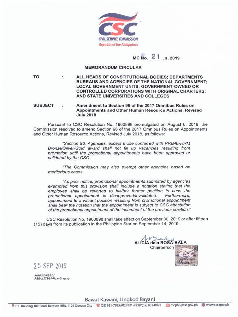 CSC MC No. 21, S. 2019 Appointments Filling Up of Vacancy Due To ...