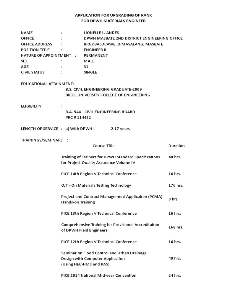DPWH Materials Engineer Rank Upgrade Application | PDF | Road | Engineer