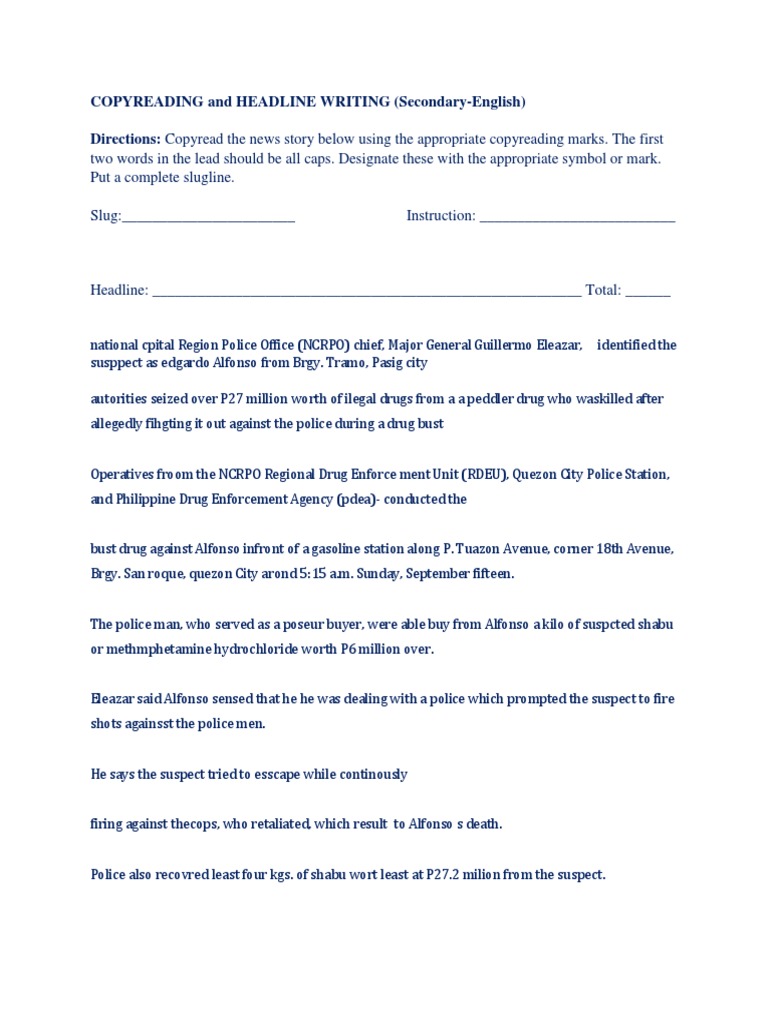 COPYREADING and HEADLINE WRITING (Secondary-English) Directions ...