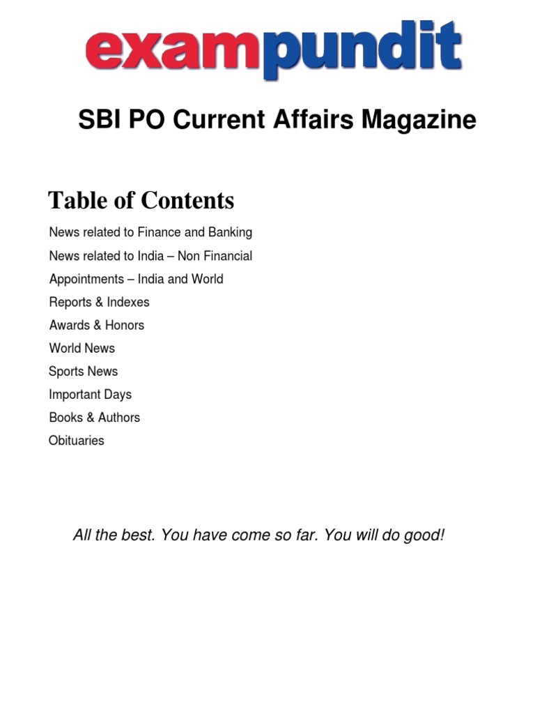SBI PO Current Affairs Magazine: All The Best. You Have Come So Far ...