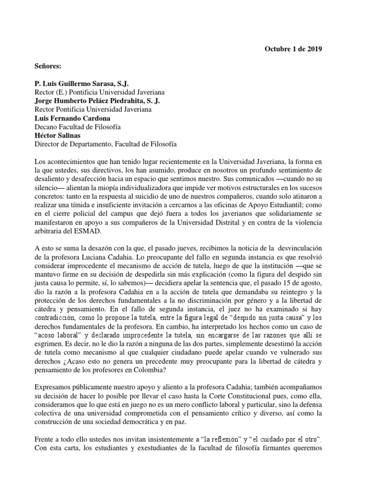 Carta abierta al rector - Estudiantes Oct. 1 | Maestros | Democracia