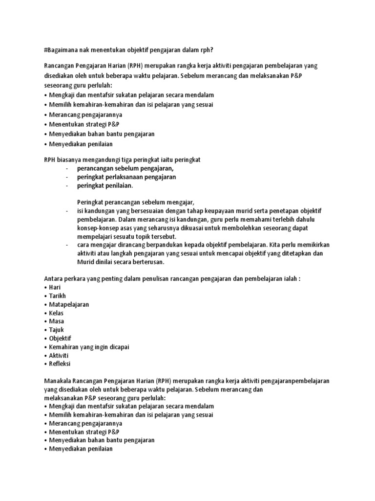 Bagaimana Nak Menentukan Objektif Pengajaran Dalam RPH | PDF