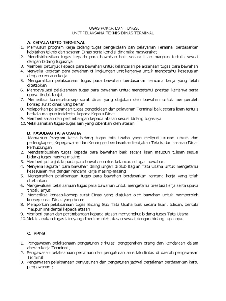 Tugas Pokok Dan Fungsi Kepala Upt Terminal | PDF