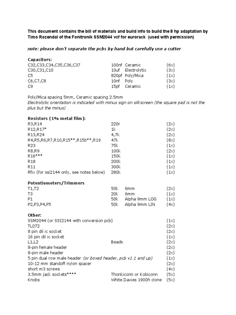 SSM2044 VCF Build Guide and BOM | PDF | Printed Circuit Board | Resistor