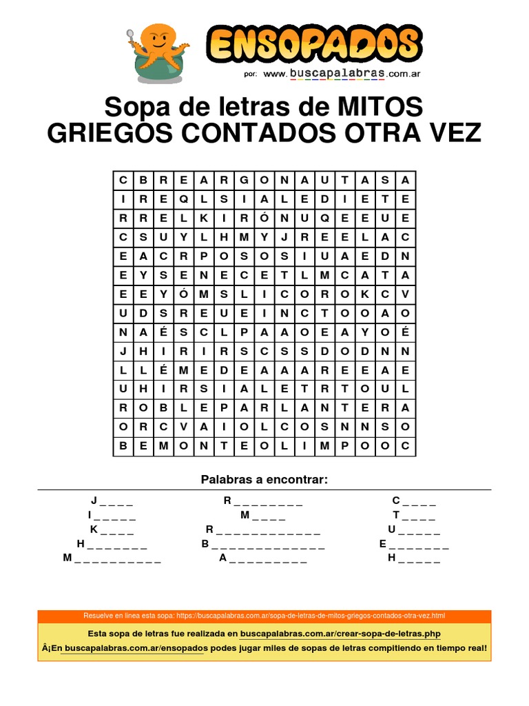 Sopa de Letras de Mitos Griegos Contados Otra Vez | PDF