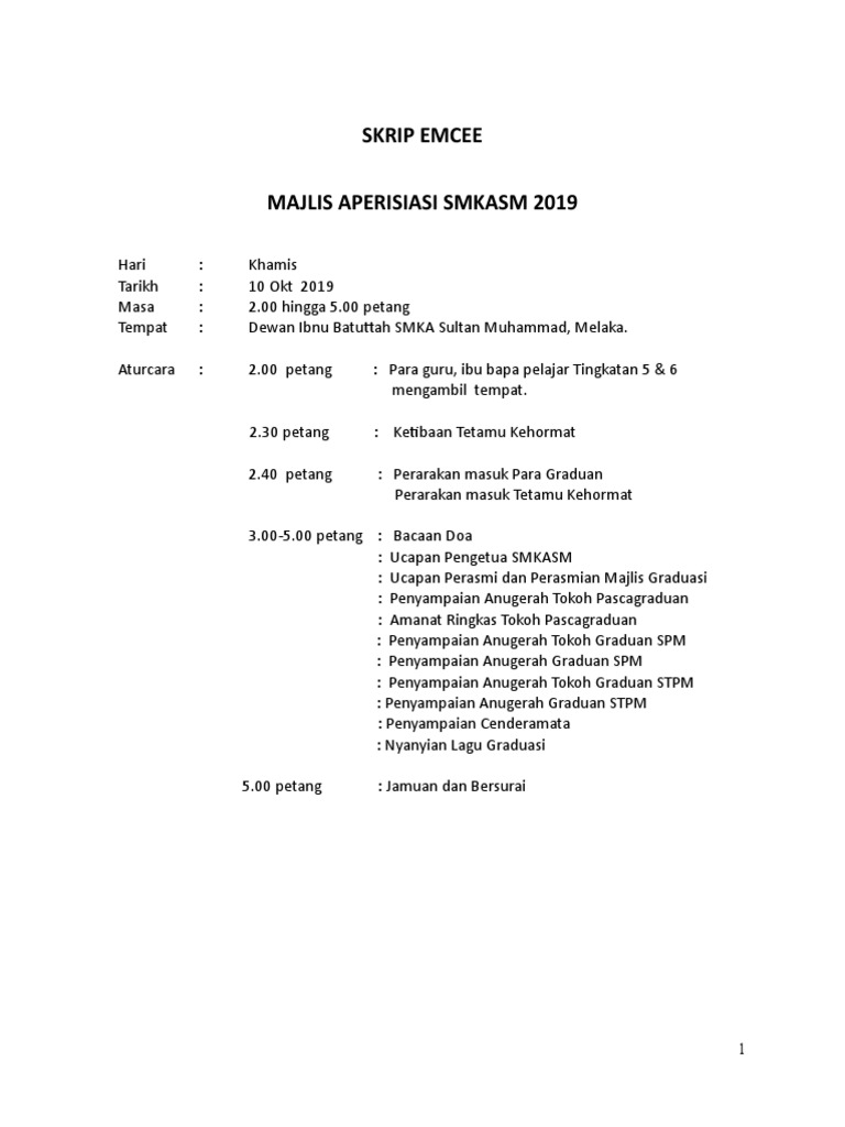 Skrip Emcee Aprisiasi 2019 | PDF