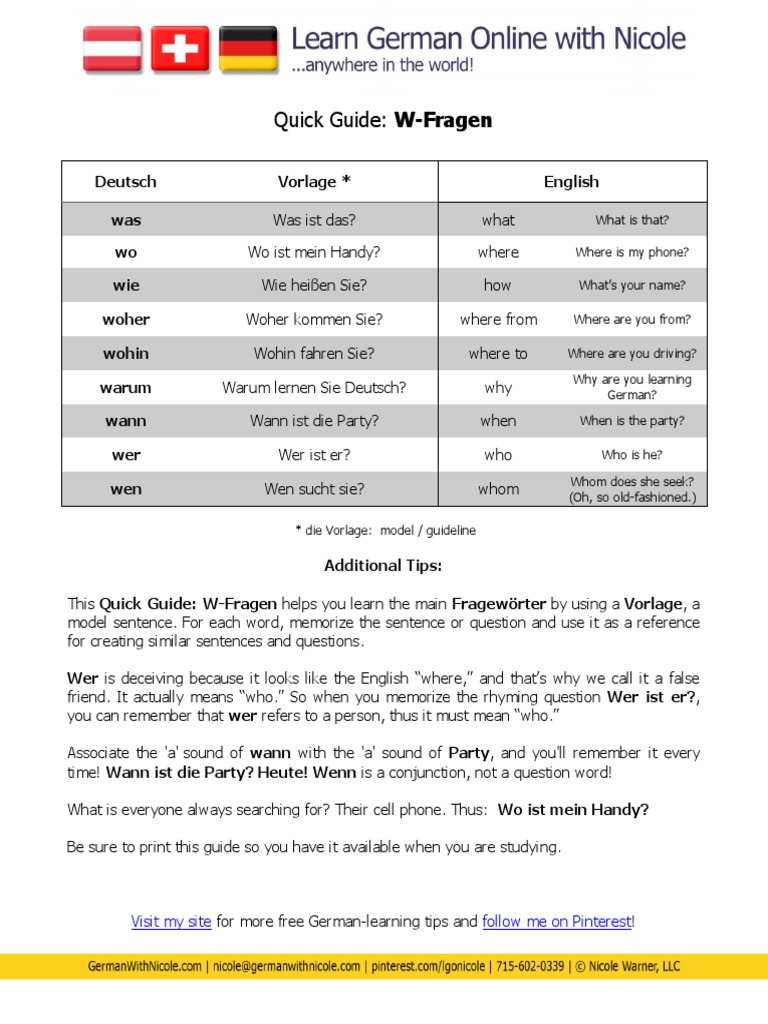 Quick Guide to German W-Fragen | PDF