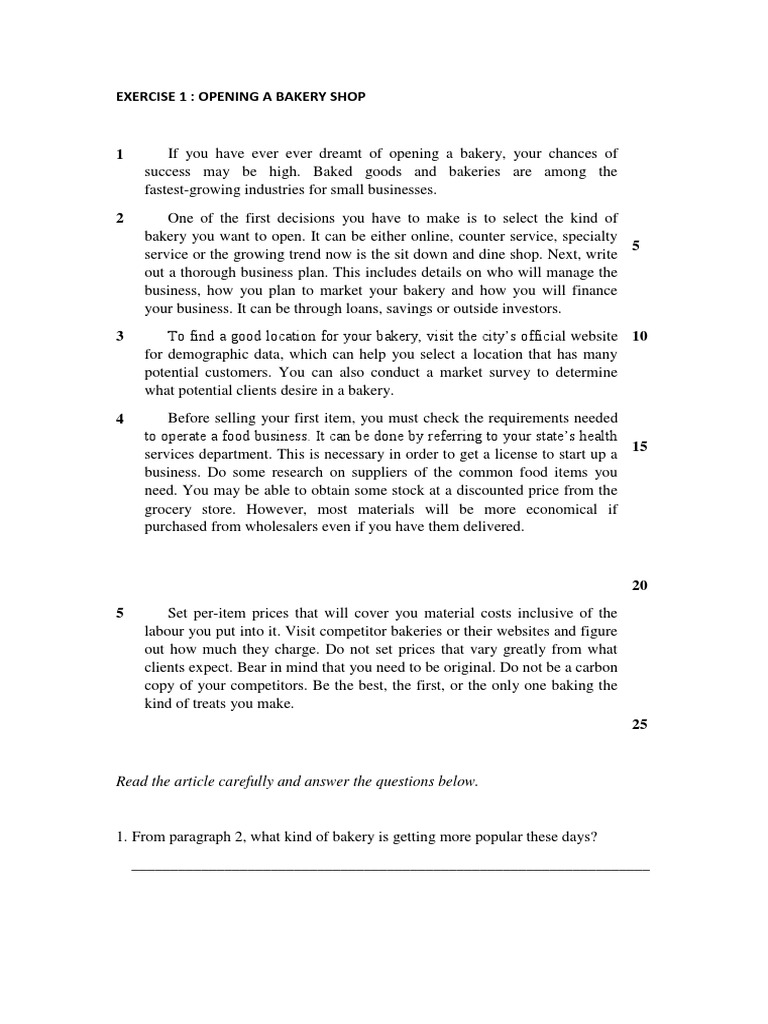 Reading Comprehension - OPENING A BAKERY | PDF | Bakery | Retail