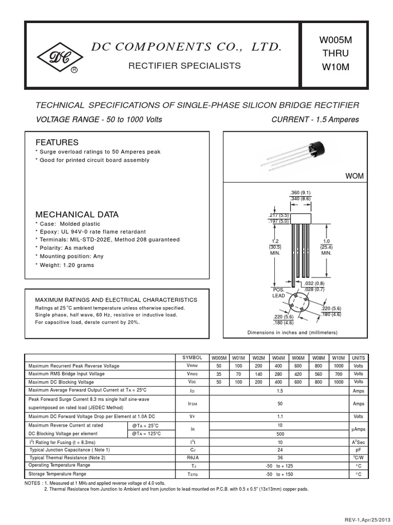 W005-W10 - Single-Phase Silicon Bridge Rectifier PDF | PDF | Rectifier ...